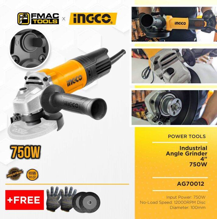 INGCO Industrial Angle Grinder 4" 750W AG70012 + FREEBIES FMAC TOOLS ...