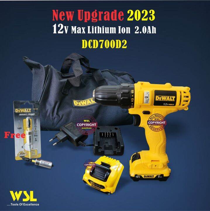 Dewalt DCD700D2 ( 2.0Ah ) 12V Max Lithium Ion Cordless Drill FOC 1 set DeWalt Power Bit | Lazada