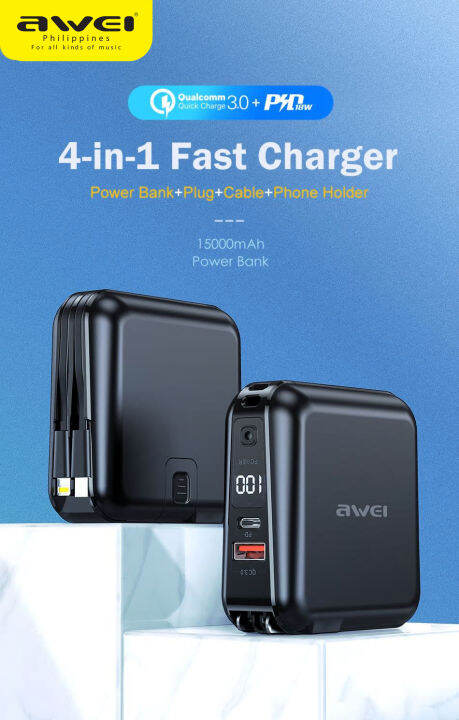 Awei P48K 15000mAh Powerbank 4 in 1 Power Bank Built in 2 Cable ...