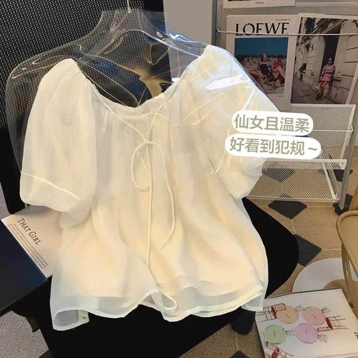 Coconie เสื้อชีฟองลดอายุผู้หญิงใหม่สไตล์เกาหลีหลวมพัฟแขนผูกด้านบน ...