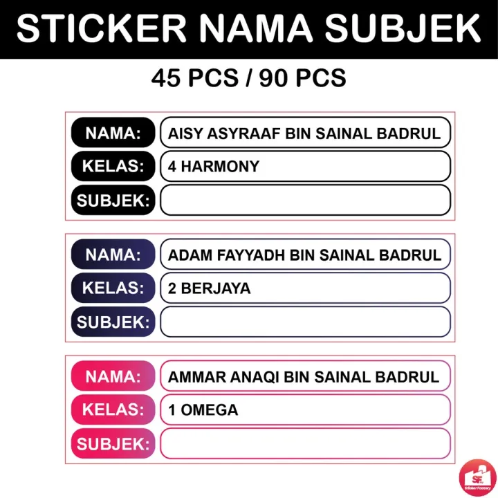 Sticker Nama Subject 90 pcs / Sticker nama dengan Subject Kelas ...
