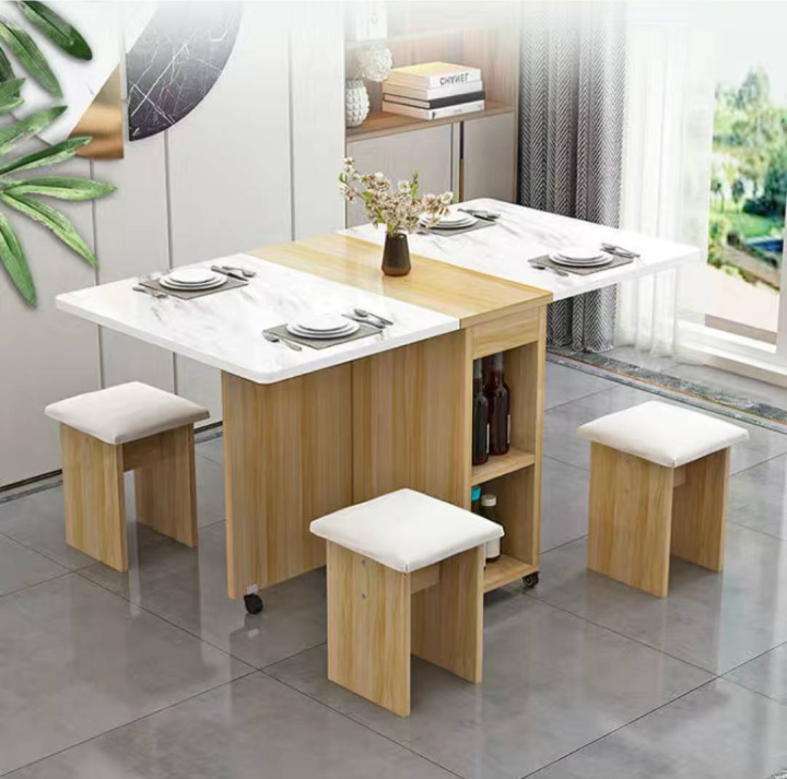 Marble Foldable Dining Table 4 Stools Space Saving Dining Table Folding ...