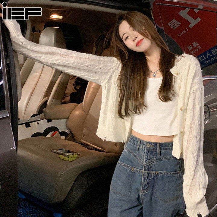 เสื้อเสื้อคาร์ดิแกนแบบถักสตรีเสื้อแขนยาวคอกลมของ IEF | Lazada.co.th