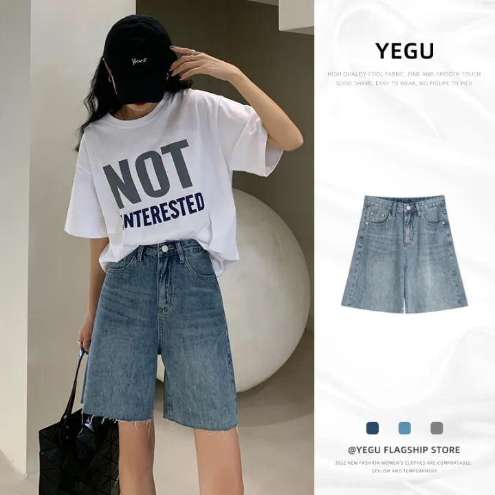 YEGU กางเกงขาสั้นผ้ายีนส์ย้อนยุคของผู้หญิงฤดูร้อนบางส่วนหลวมและบาง ...