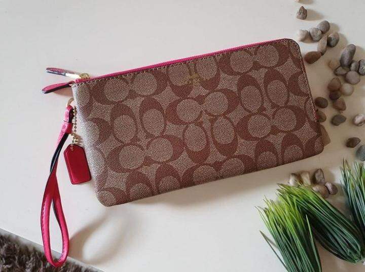 Coach F54057 Double Corner Zip Wrislet In Signature Canvas - Khaki/Pink ...