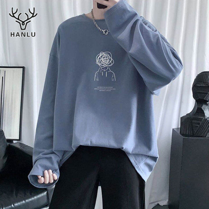 Hanlu เสื้อยืดแขนยาวผู้ชาย ชุดซับในผช เสื้อยืดหลวมๆพิมพ์ลายสวยๆของ ...
