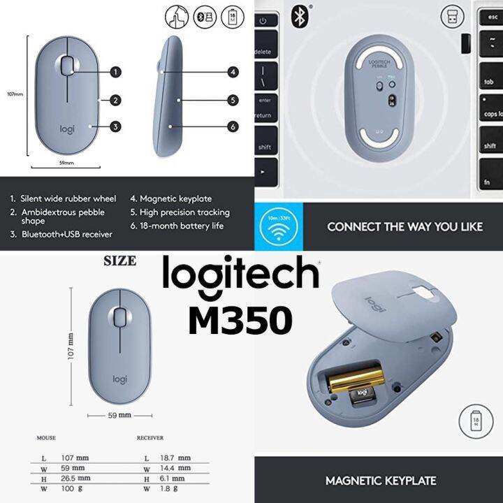Logitech M350/M330 Rapoo i35/M100 Pebble Modern, Slim and Silent Bluetooth Wireless Mouse ...