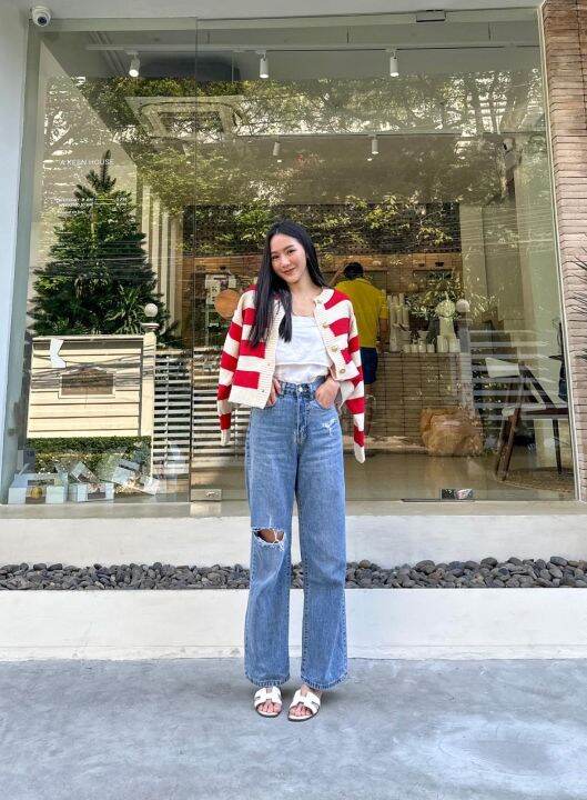 Klass Jeans 🌙⚡️ ยีนส์เอวสูง แต่งขาดหน้า สีฟอกกลาง - HERR.HIS | Lazada.co.th