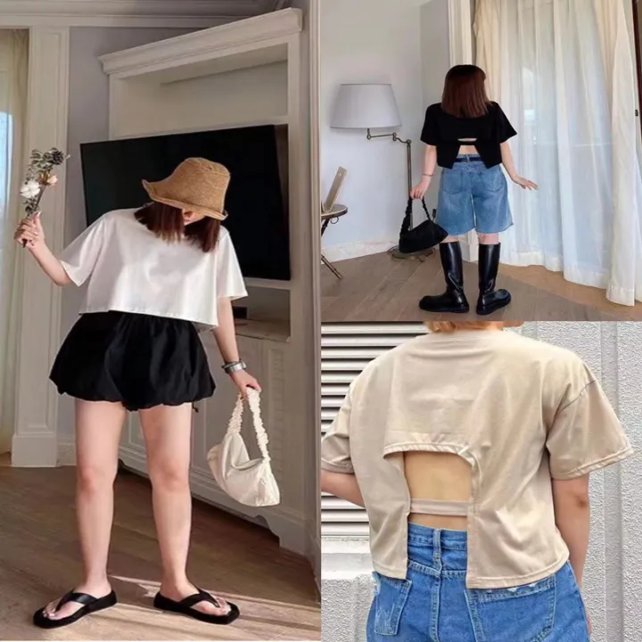 Luna shop🍑（พร้อมส่งจากกทม มาถึงใน 3-5 วัน）🌻เสื้อยืดคอกลมผู้หญิงเปิดหลัง ...