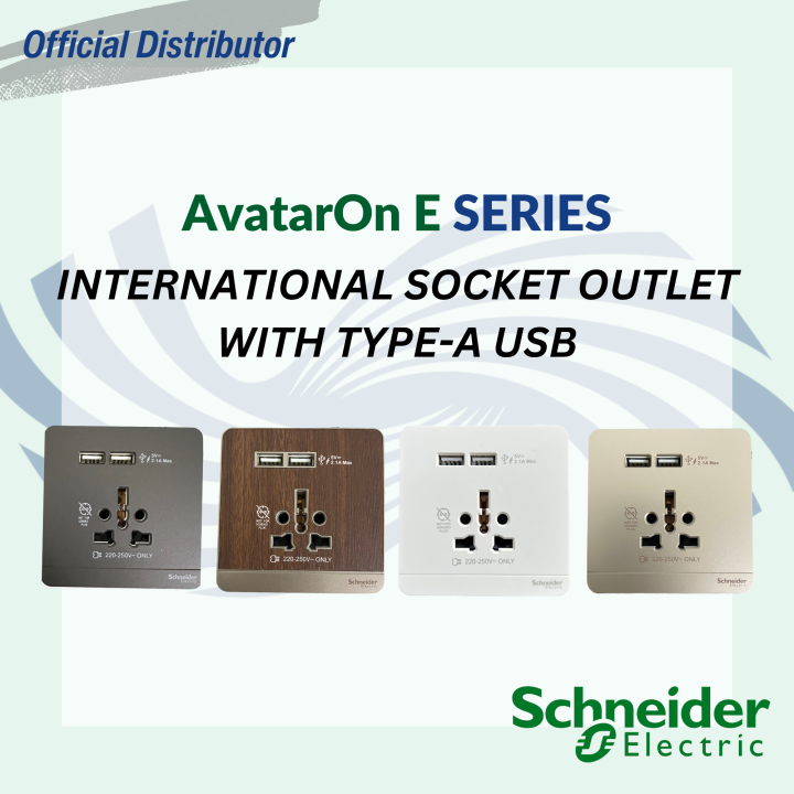 Schneider AvatarOn E 3"x3" 16A 250V 1 Gang International Socket with 2 ...