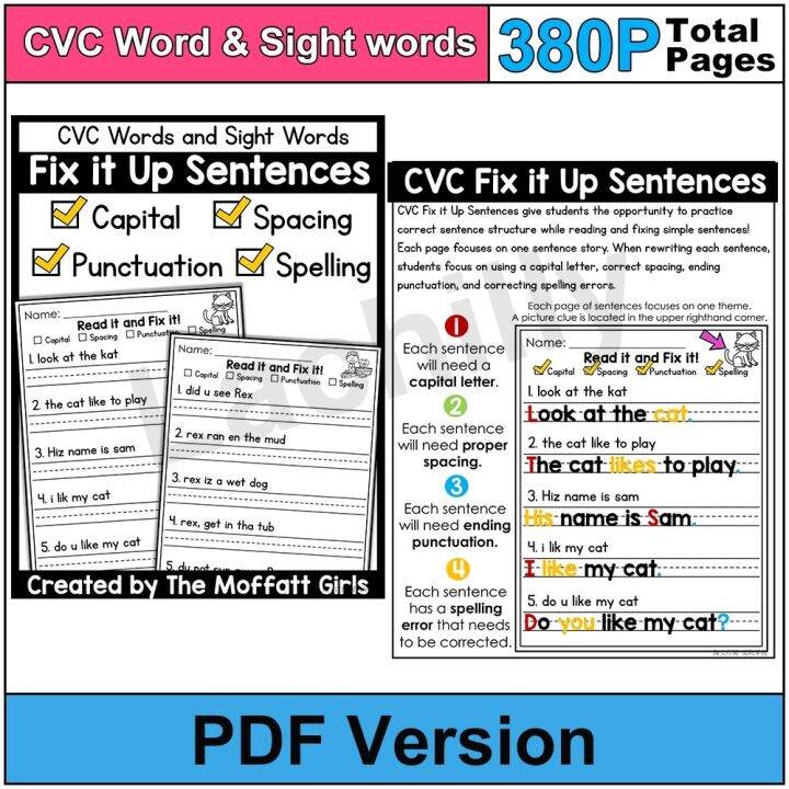 CVC words sight words sentence practice worksheet in English for kids ...