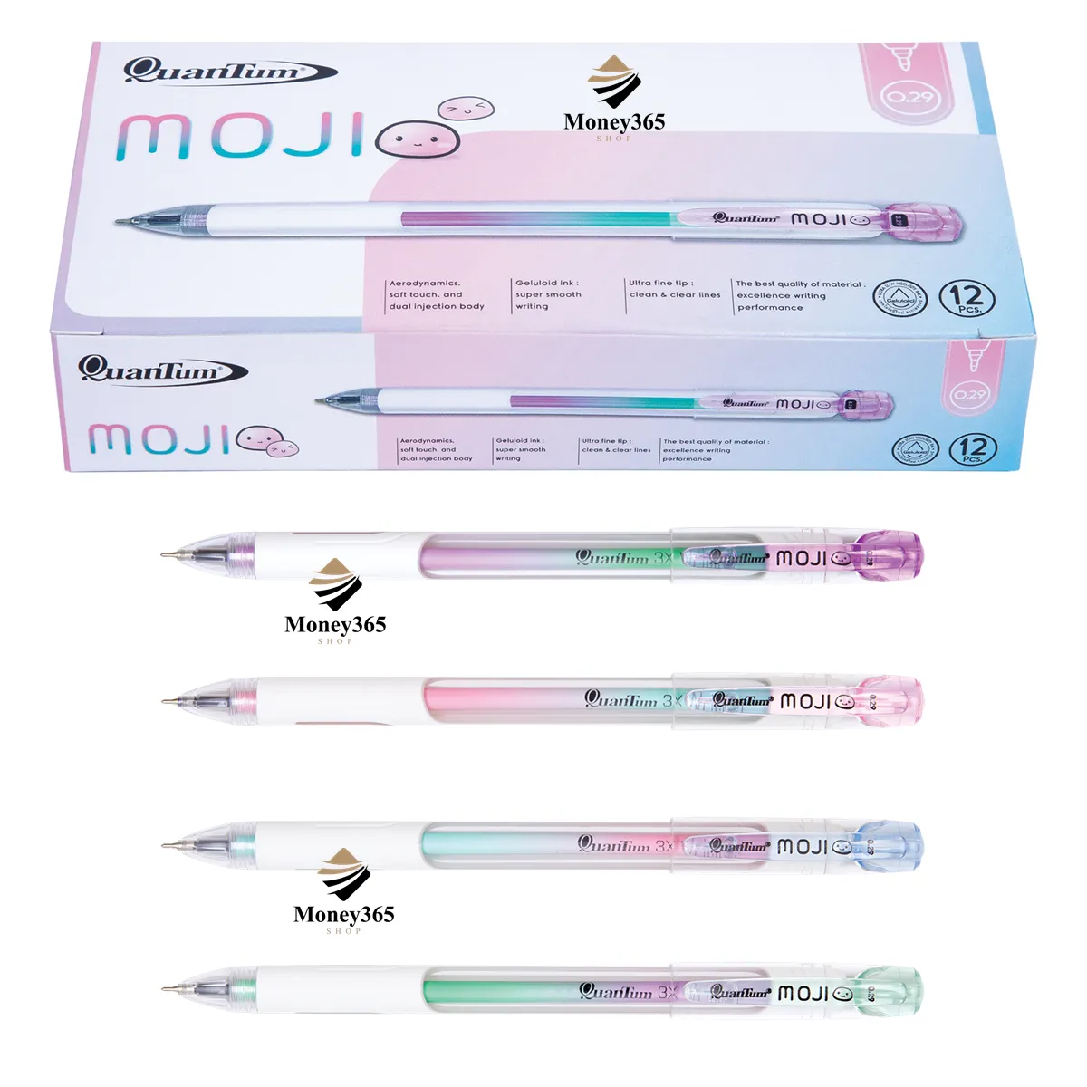 ปากกาควอนตั้ม โมจิ Quantum Moji 0.29 mm หมึกน้ำเงิน แพค 12 ด้าม คละสี !!!! แถมฟรี ปากกา 007 Hitz ...