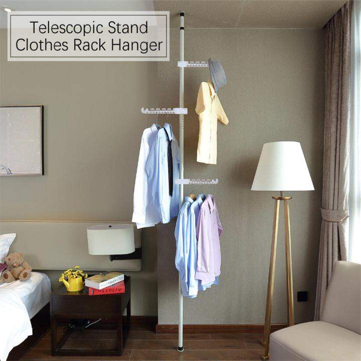 Corner Coat Hanger Pole Clothes Hat Stand Tension Rack Hooks Clips ...