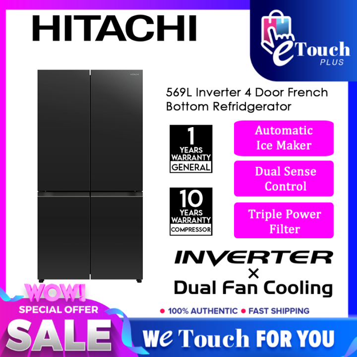 Hitachi 569L 4 Door French Bottom Freezer Inverter Refrigerator R ...