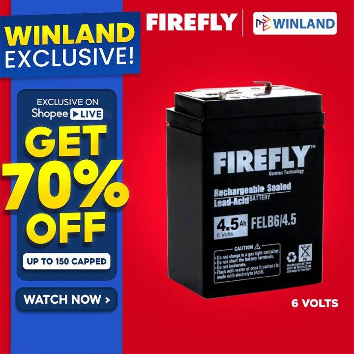 FIREFLY by Winland Rechargeable Sealed Lead Acid Battery 4.5Ah/6v FELB6 ...