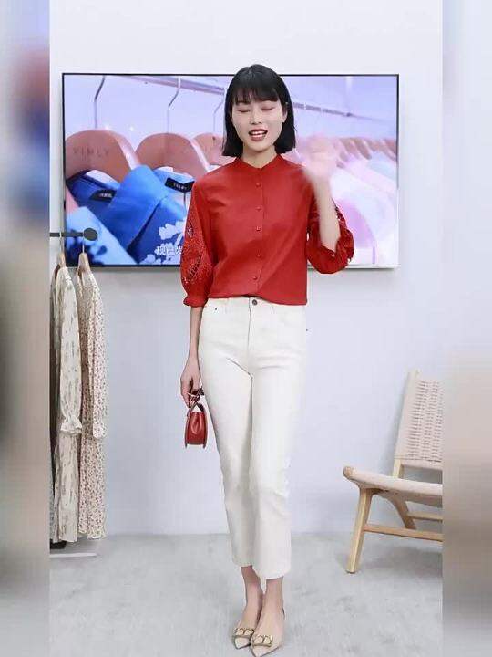 เสื้อ Vimly ผ้าฝ้ายสีแดงตะขอดอกไม้กลวง2022ต้นผู้หญิงฤดูใบไม้ร่วงออกแบบเฉพาะคอตั้งสาม Quartar แขน ...