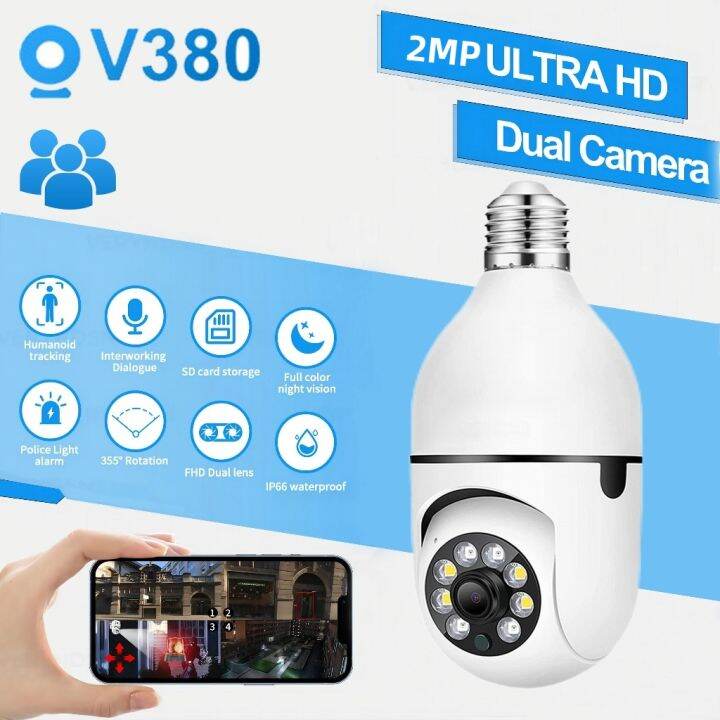V380 pro light bulb camera 2MP HD cctv camera connect cellphone WiFi ...