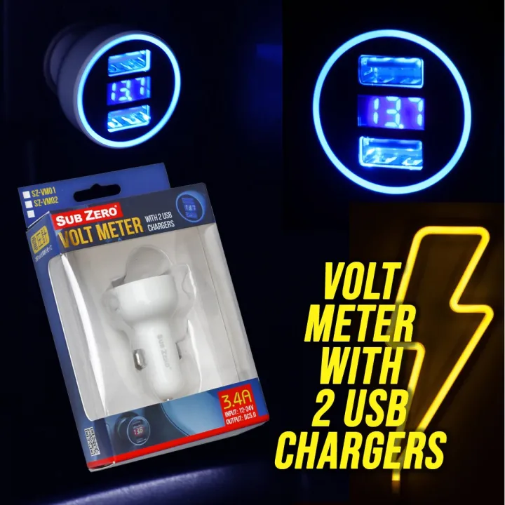 Sub Zero Volt Meter VM-02 with 2 USB Fast Car charger with Mood Light ...