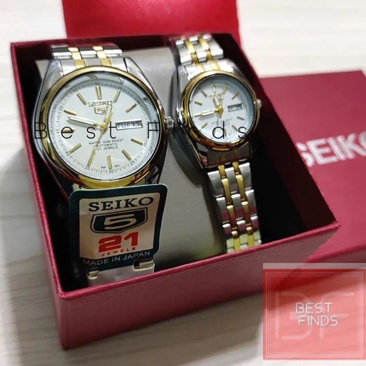 Seiko 5 2 Tone White Dial Automatic Movement Waterproof Day Date Couple ...