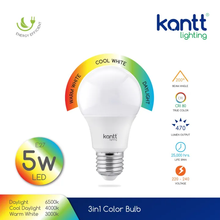 Kantt Lighting LED 3 in 1 Color Changing Bulb - 5W (Daylight, Warm White, Cool Daylight) | Lazada PH