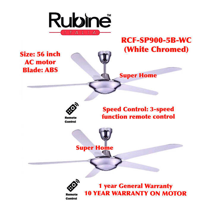 Rubine Remote Control Ceiling Fan RCF-SP900-5B-WC (White Chromed) - 56 inch Rubine Ceiling Fan ...