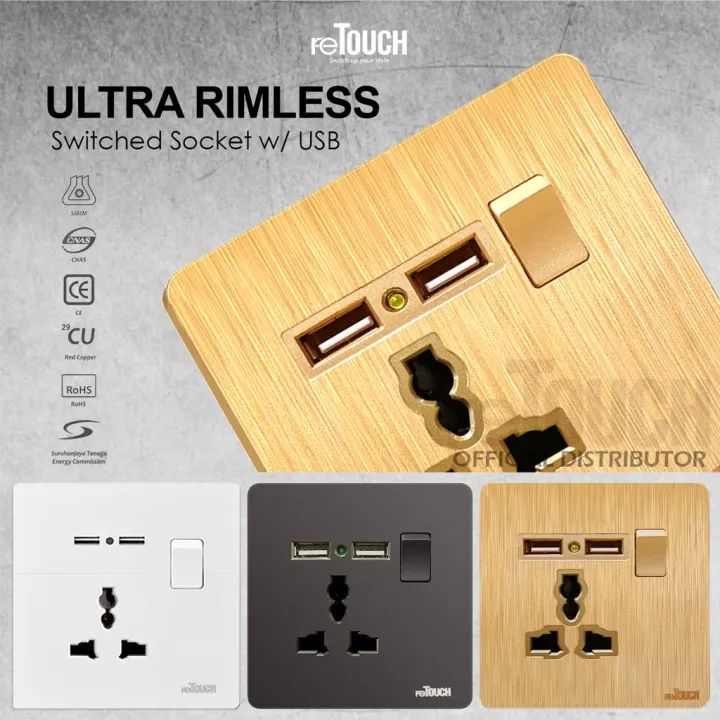 reTouch Ultra Rimless Switch 13A Universal USB Switched Socket 2 Gang ...