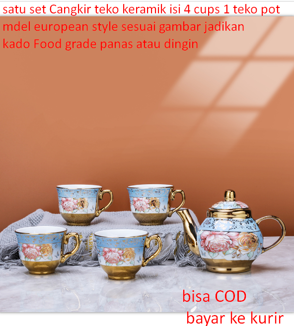 satu set Cangkir teko keramik isi 4 cups 1 teko pot mdel european style ...