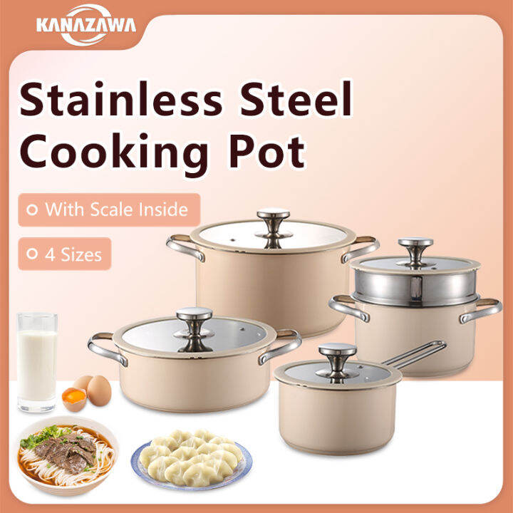 KANAZAWA stainless steel cooking pot set with glass cover lid 16cm 18cm ...