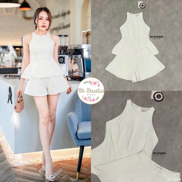 งานป้าย BT-Studio set 2ชิ้นเสื้อแขนกุดตีเกล็ดแต่งเว้าโค้ง ใส่แล้วดูบอดี้เล็ก แมทซ์กับกางเกงขา ...