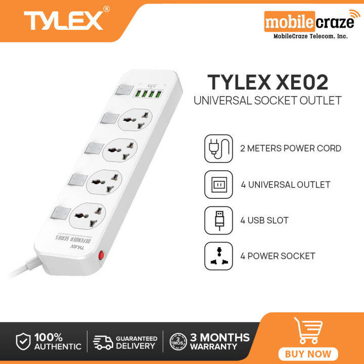 TYLEX XE02 4 Universal Socket Outlet Power Strip 2 Meters Extension ...