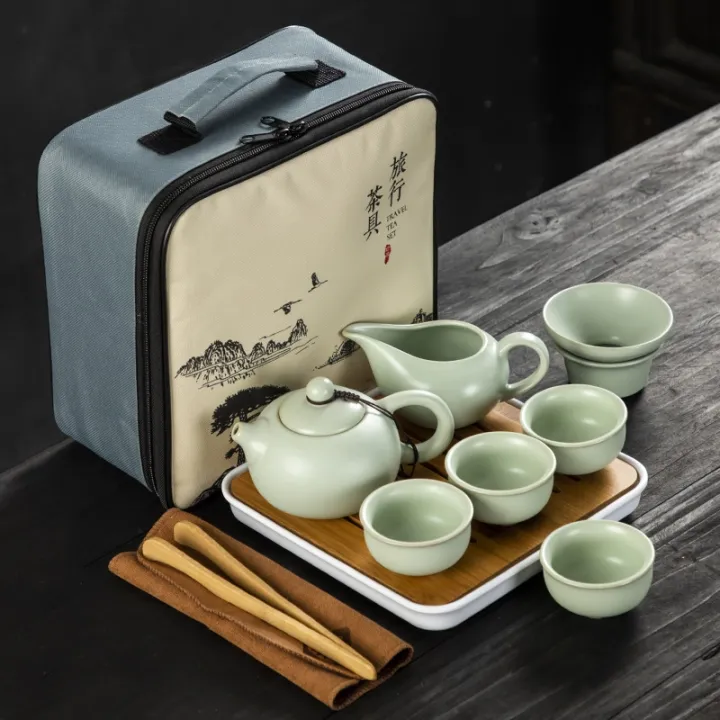 Travel tea set suit portable bag with a pot of tea tray four cups ...