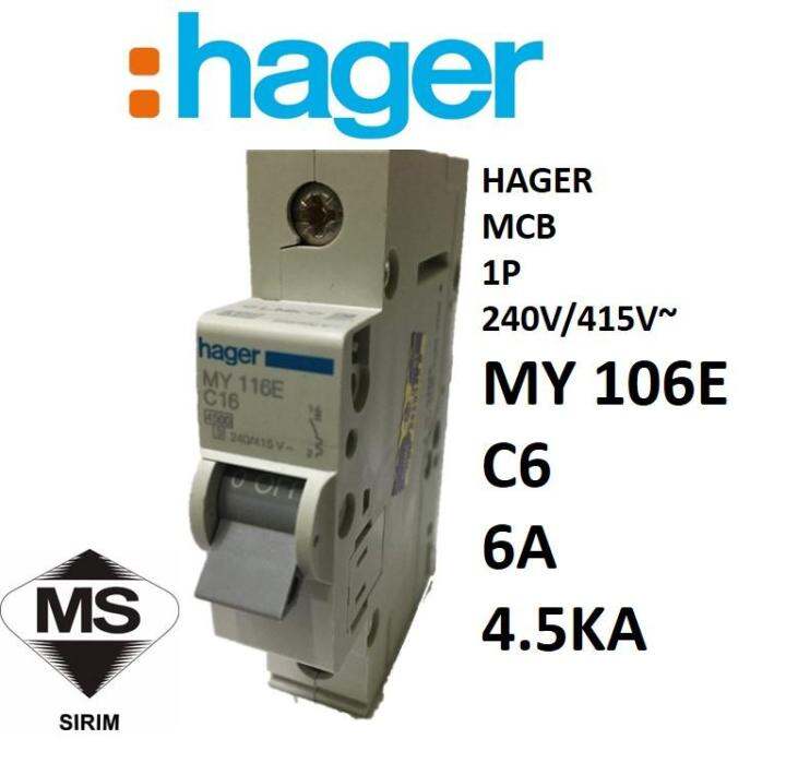 Hager Miniature Circuit Breakers (MCB) 1P 6A 4.5kA 240V/415V SIRIM | Lazada
