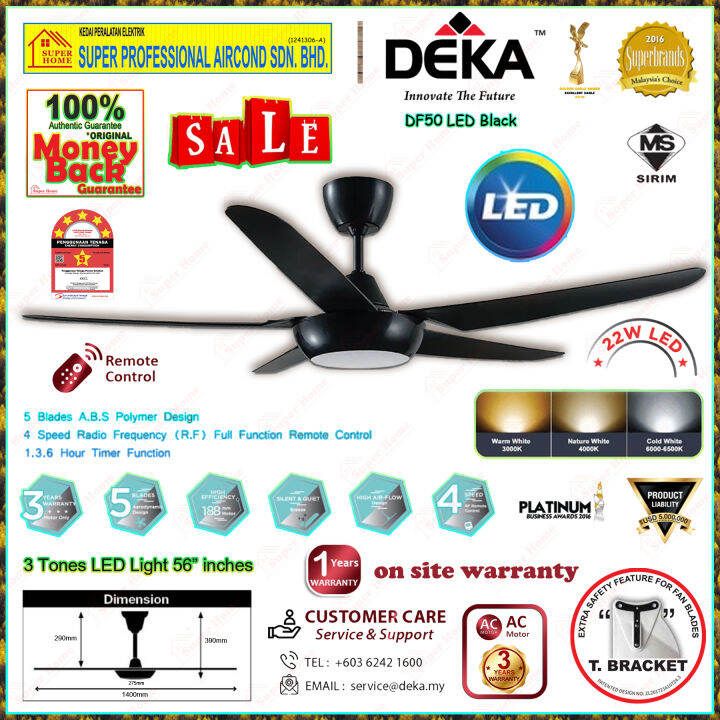 Deka LED Light Ceiling Fan DF50 LED 3 Tones Color LED Light 56 inch 5 ...
