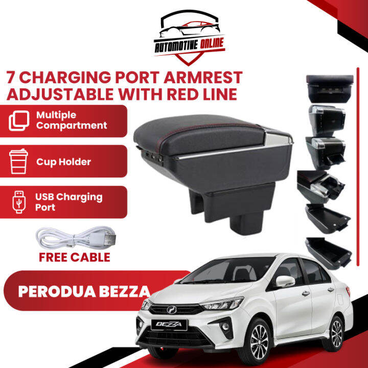 ARMREST ADJUSTABLE 7 USB CHARGING PORT WITH RED LINE Perodua Bezza | Lazada