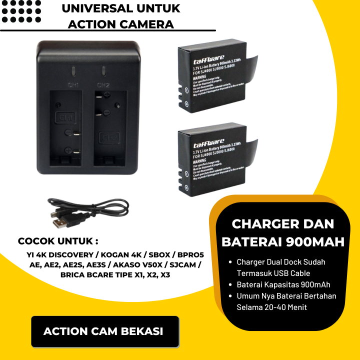 Dual Dock Charger Dan Baterai 2 Battery Yi 4K Discovery Kogan Brica Sjcam Kogan Sbox BPRO M10 ...