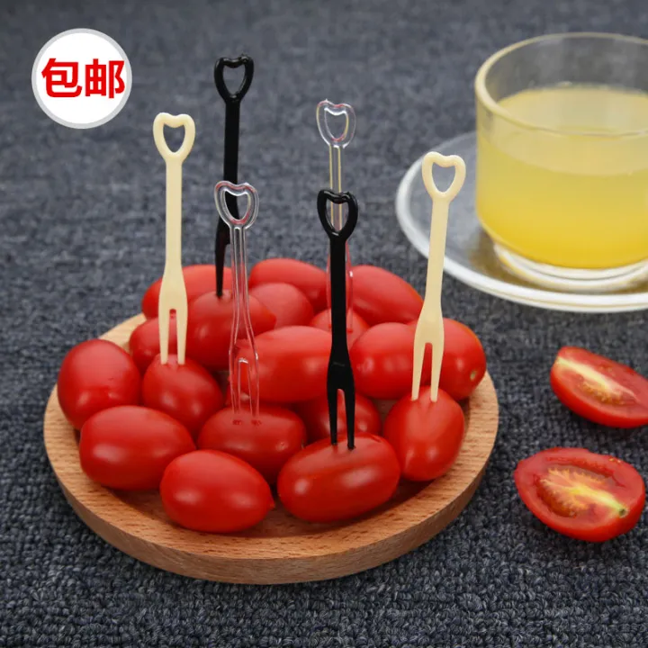 Heart-shaped fruit fork disposable transparent black pink food cake ...