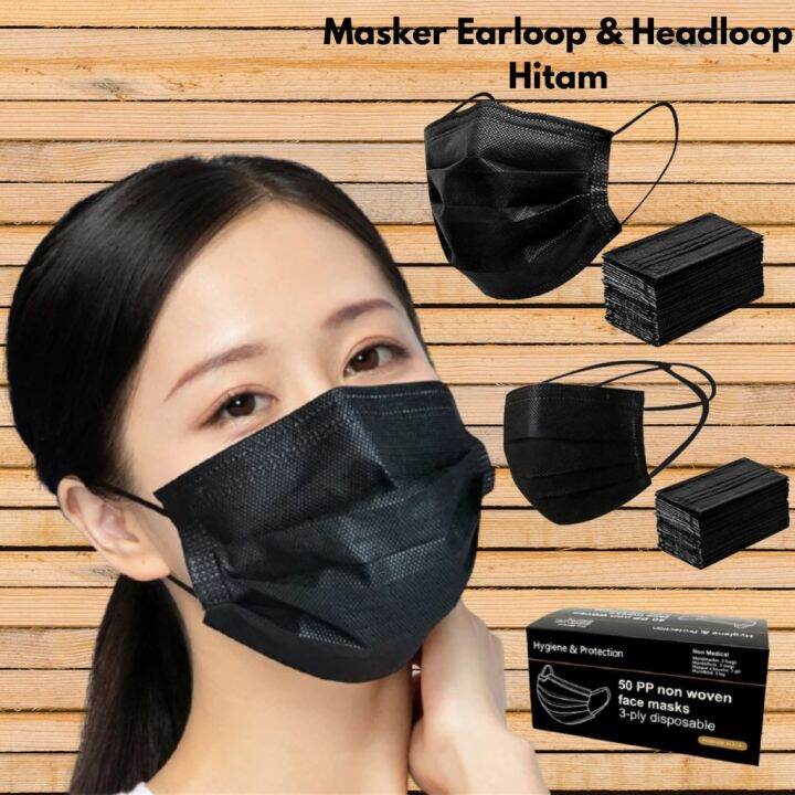 Masker Medis Disposable 3Ply Black Color ( HITAM ) 1Box Isi 50Pcs ...
