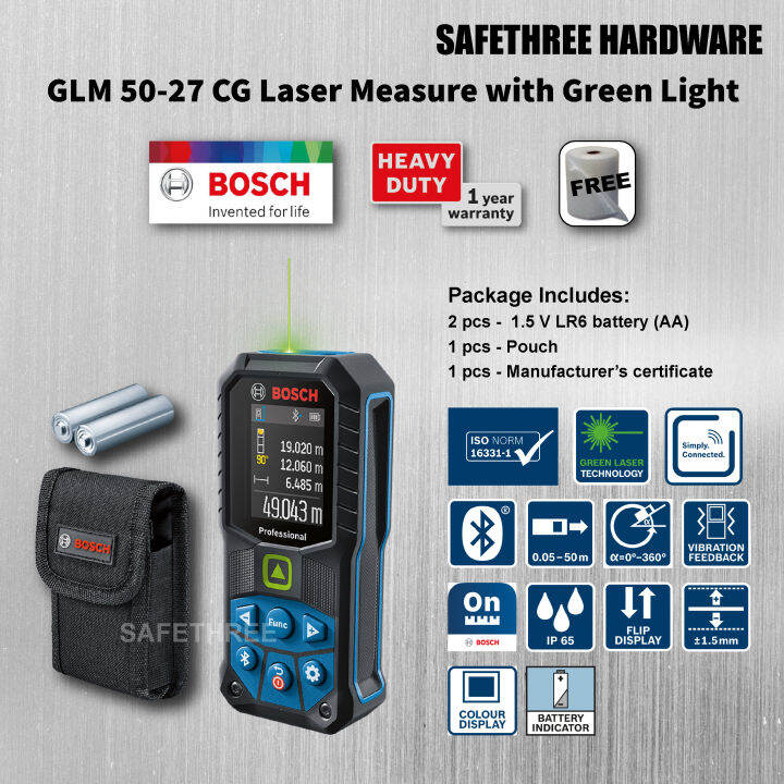 Bosch GLM50-27CG Laser Measure with Green Light FOC Battery & Pouch / GLM 50-27 CG Pengukuran ...