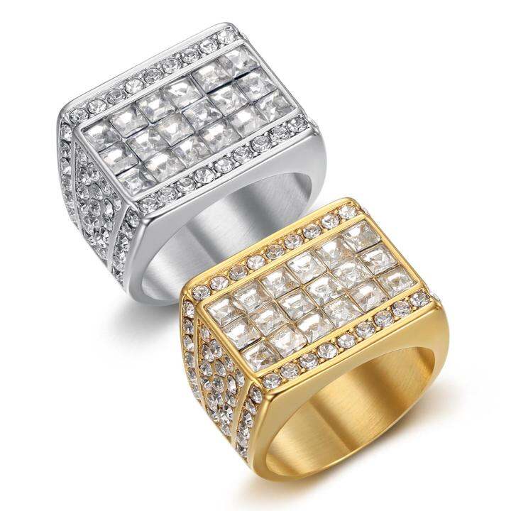 Hip Hop Ring for Men Stainless Steel Luxury Square Full Rhinestone Ring ...