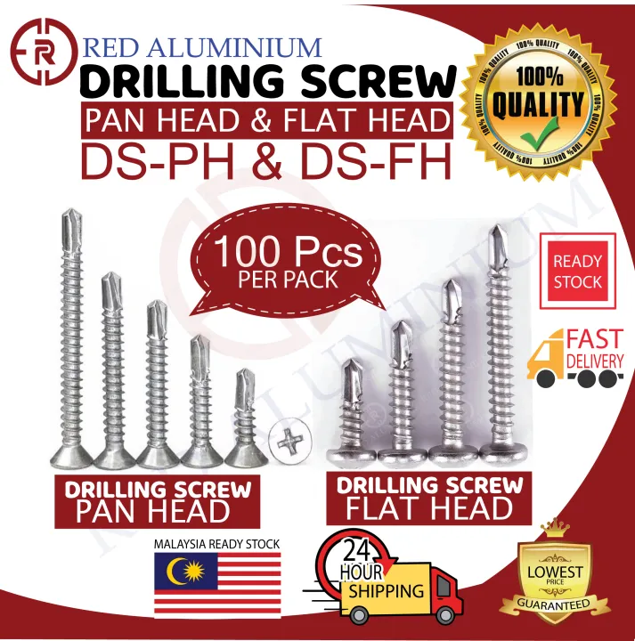 100 pcs Self grilling screw Drilling (besi) Flat head and Pan head paku ...