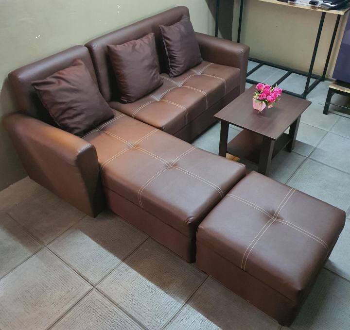 SALA SET L SHAPE BROWN LEATHER SOFA WITH CENTER TABLE URATEX FOAPM ...