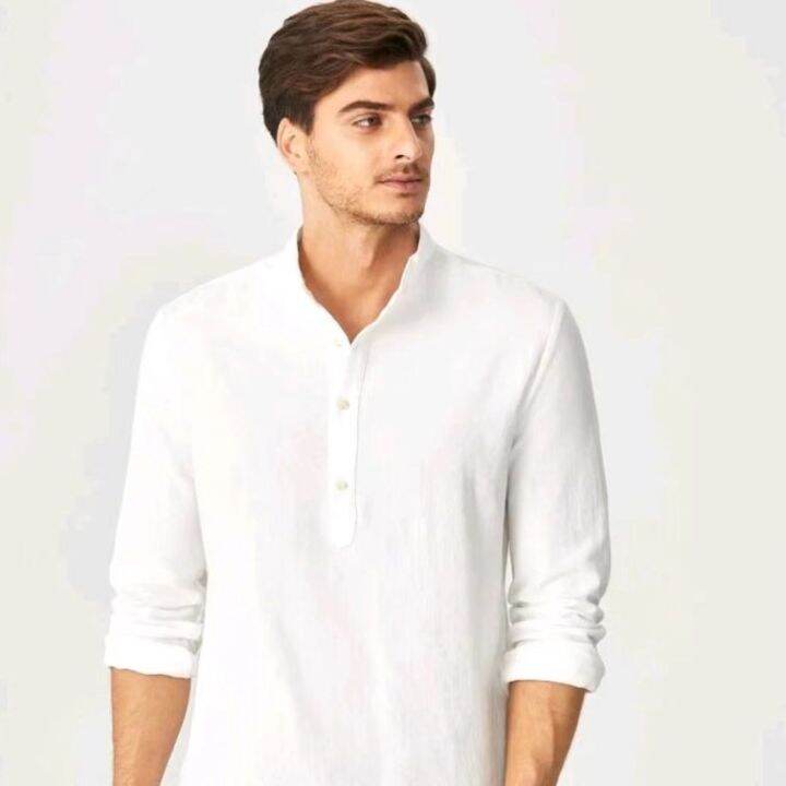 Long Sleeve Stand Collar Polo for Men Plain Casual Shirts Cotton M to ...