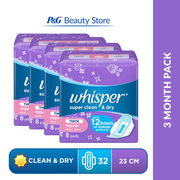 [3 MONTH PACK] Whisper Super Clean & Dry Sanitary Napkin with Wings (8 ...