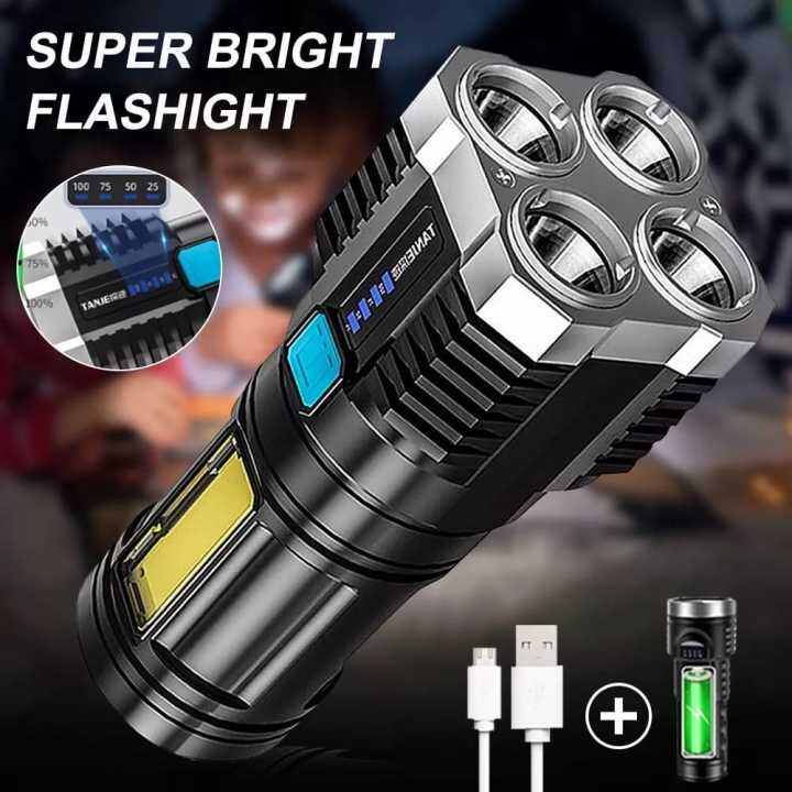 Senter Led 4 Mata Super Terang COB Flashlight Rechargeable 4 Mode Jarak ...