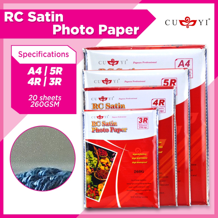 CUYI RC Satin Photo Paper 260GSM A4 5R 4R & 3R size - 20 sheets per ...
