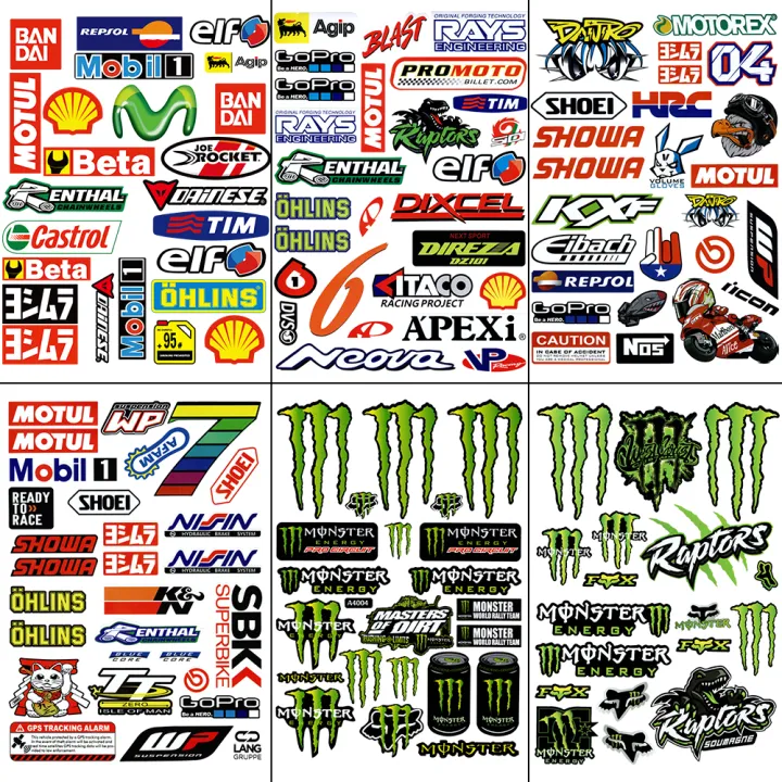 6ชุด A4ขนาด Fox Head ไดโนเสาร์ Monster Energy Glossy ฟิล์มสติกเกอร์สำหรับรถจักรยานยนต์จักรยานรถส
