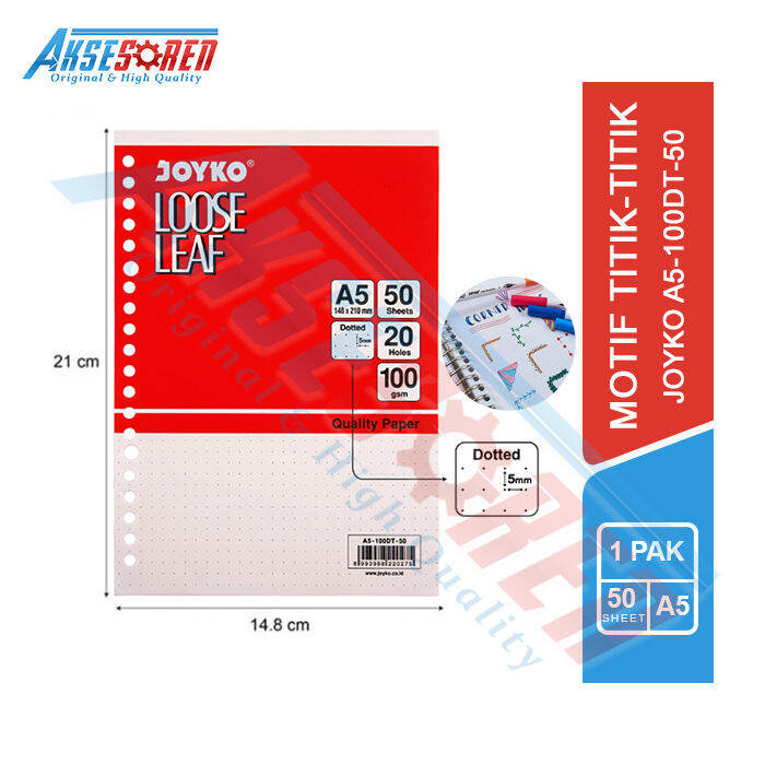 Kertas Binder Loose Leaf A5-100DT-50 Joyko Putih Titik-Titik [50 Lembar] / Isi Binder A5 1 Pak ...