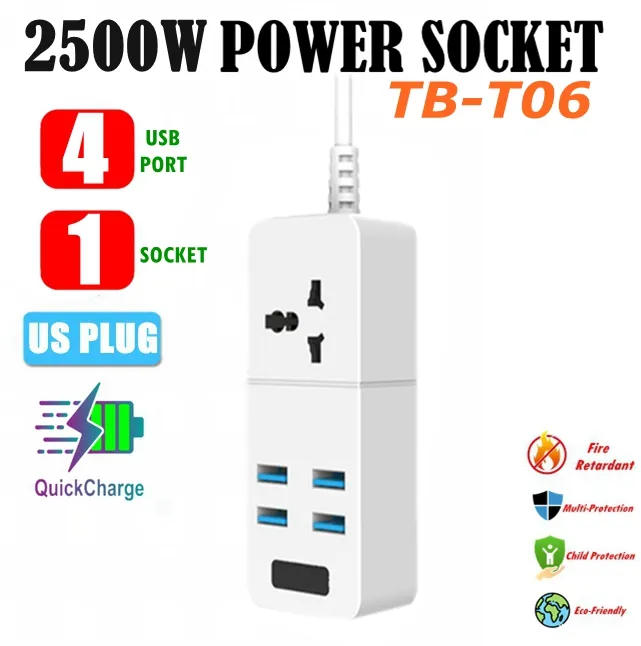 TB-T06 Multi-Function High Power 2500W 4 USB Port & 1 Universal Socket ...