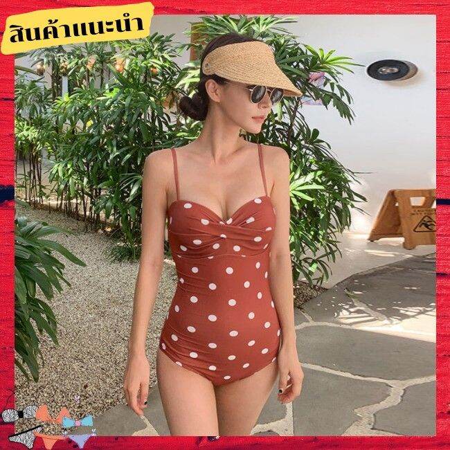 116 ชุดว่ายน้ำวันพีซ One Piece Swimsuits เสริมโครงแข็ง ส้มลายจุด จาก