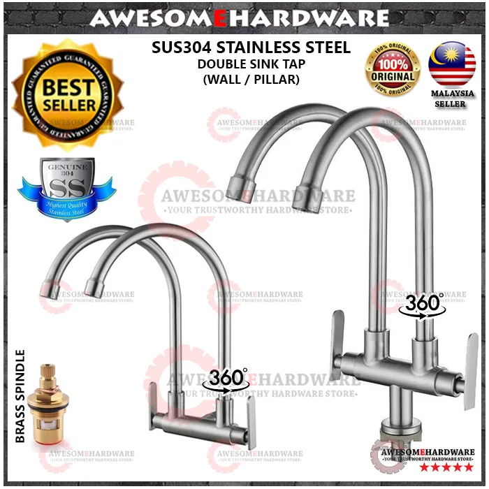 (WALL/PILLAR) SUS304 STAINLESS STEEL DOUBLE KITCHEN SINK TAP FAUCET TWO ...
